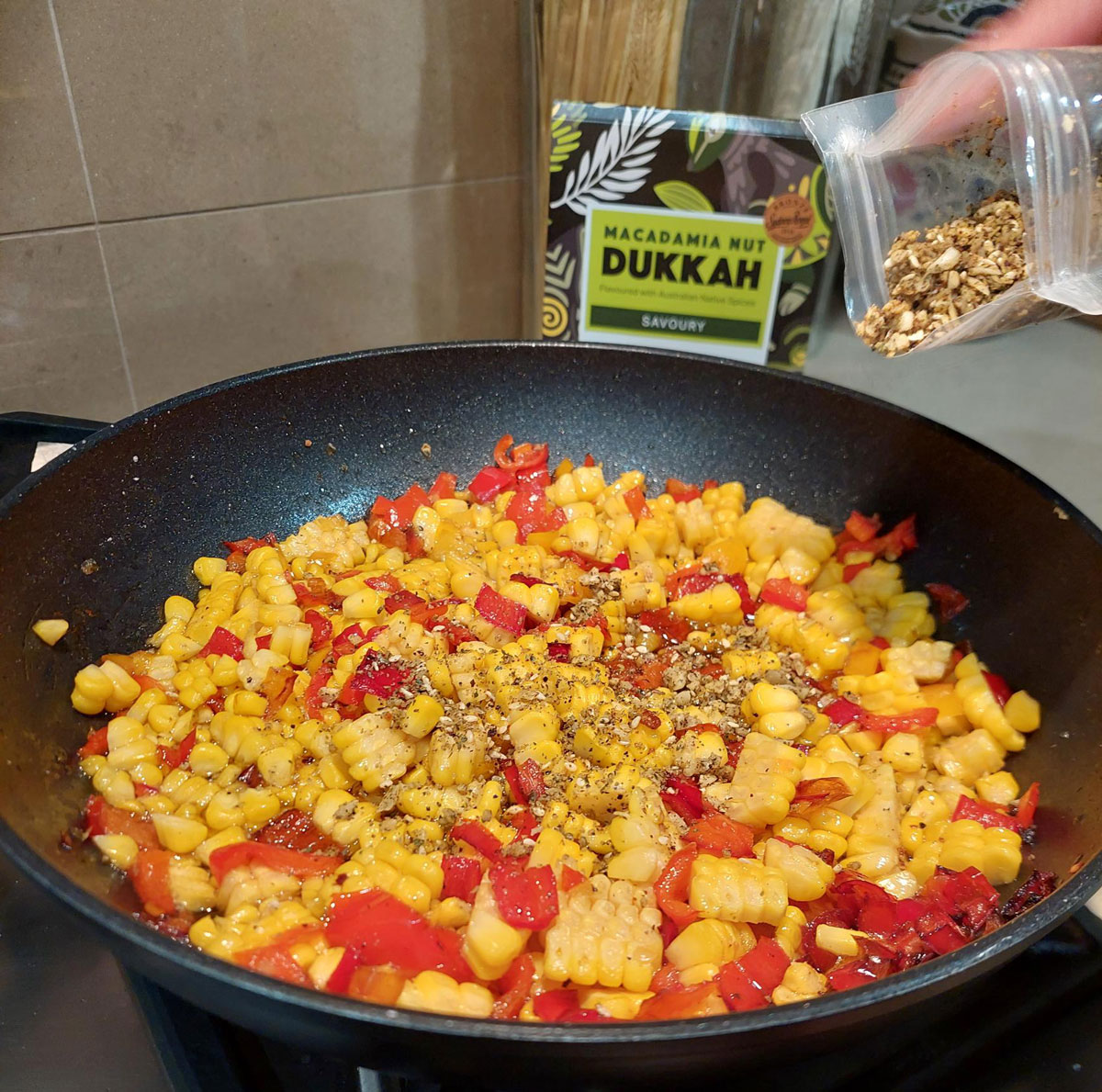 Macadamia Dukkah, Corn and Capsicum Recipe